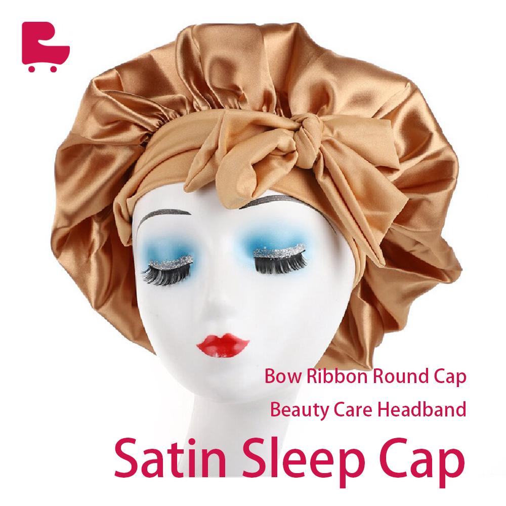 Satin Sleep Cap Bow Ribbon Round Cap Beauty Care Headband Sleep Cap ...