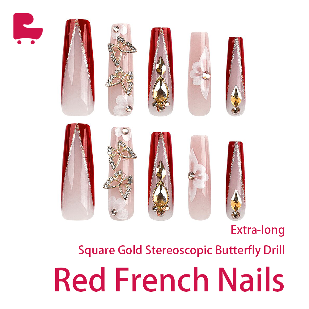 Extra-long Square Gold Stereoscopic Butterfly Flash Drill Red French N ...